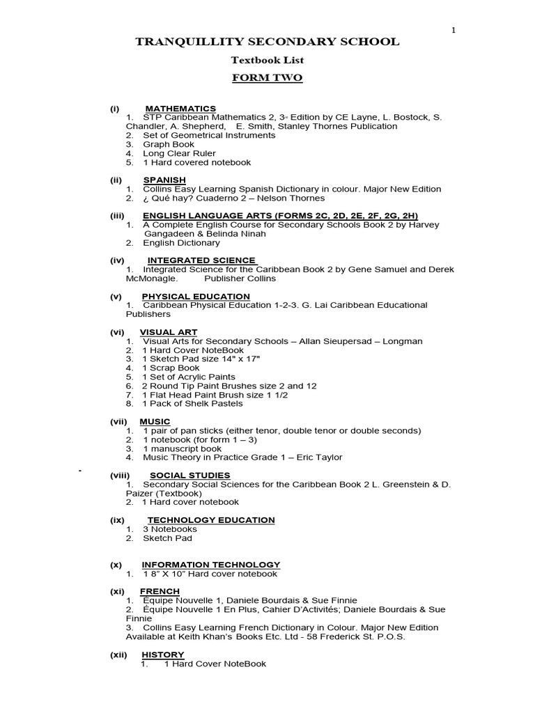 Form 2 Textbook Requirements | PDF