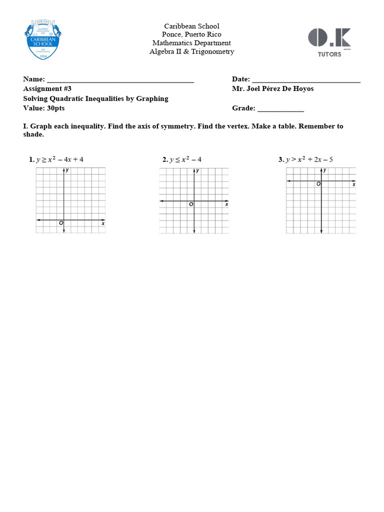 Assignment #3 - Alg II and Trig - Quadratic Inequalities - 2025 | PDF
