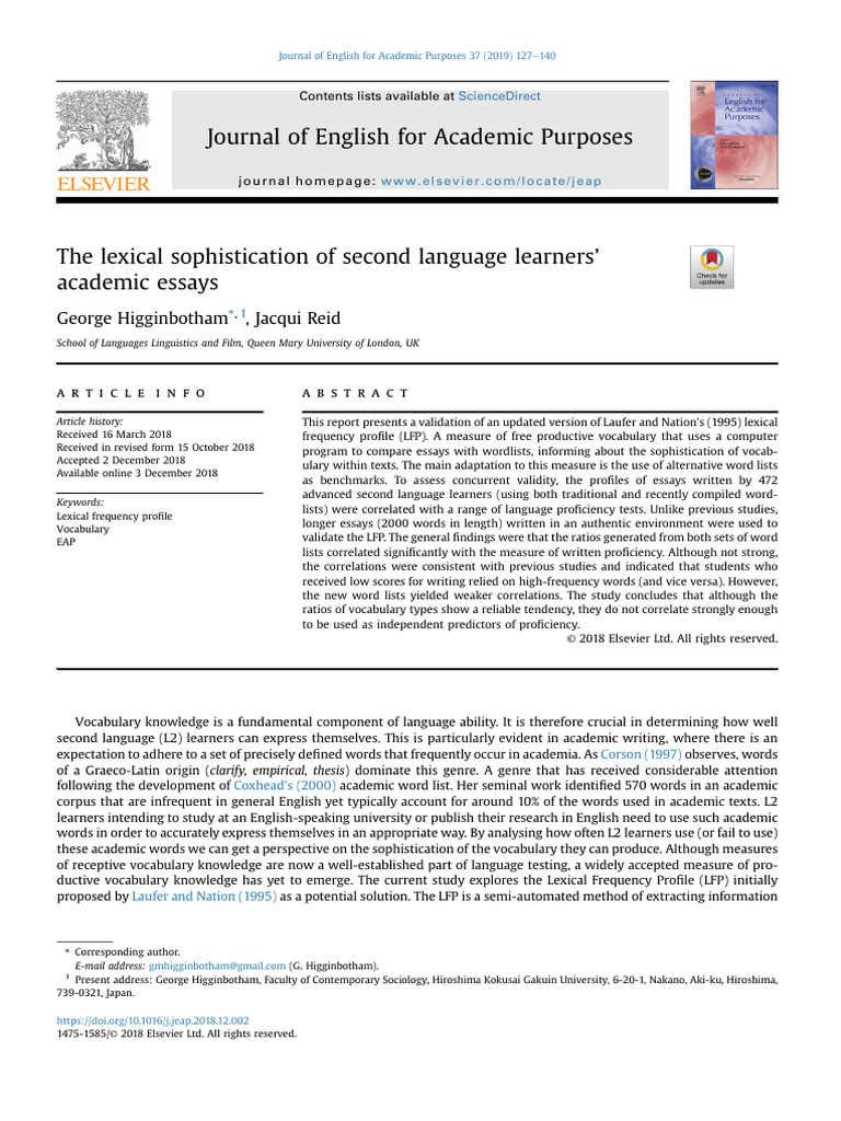 The Lexical Sophistication of Second Language 2019 Journal of English For Ac | PDF | Vocabulary ...