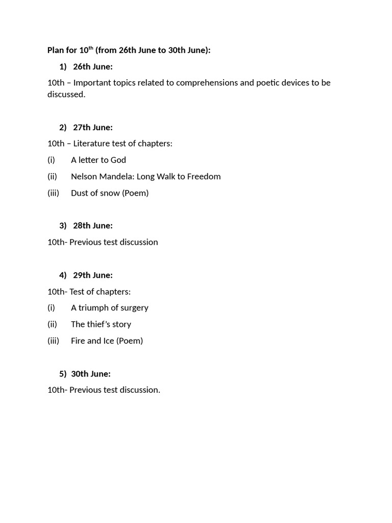 10th Grade Literature Test Schedule | PDF