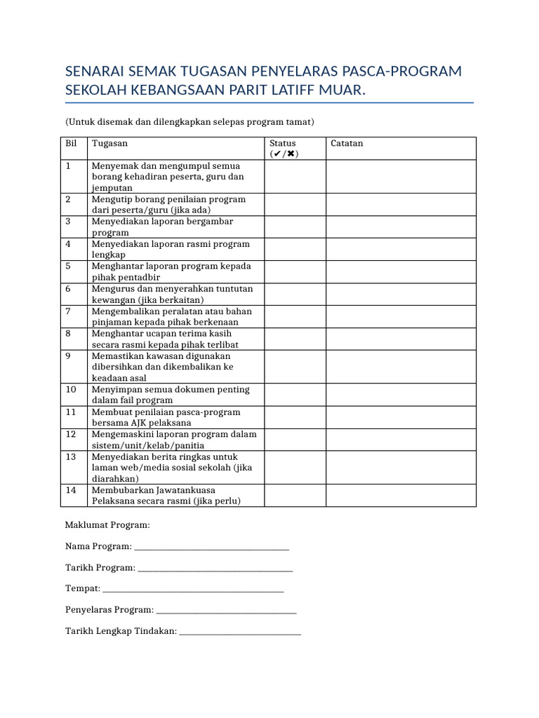 Senarai Semak Pasca Program | PDF