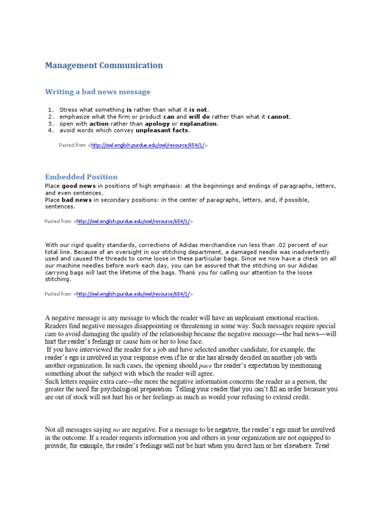 Management Communication - Writing A Bad News Message | PDF ...