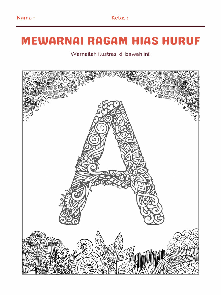 Mewarnai Ragam Hias Huruf Lembar Kerja Seni Rupa Kerajinan Tema Abjad ...
