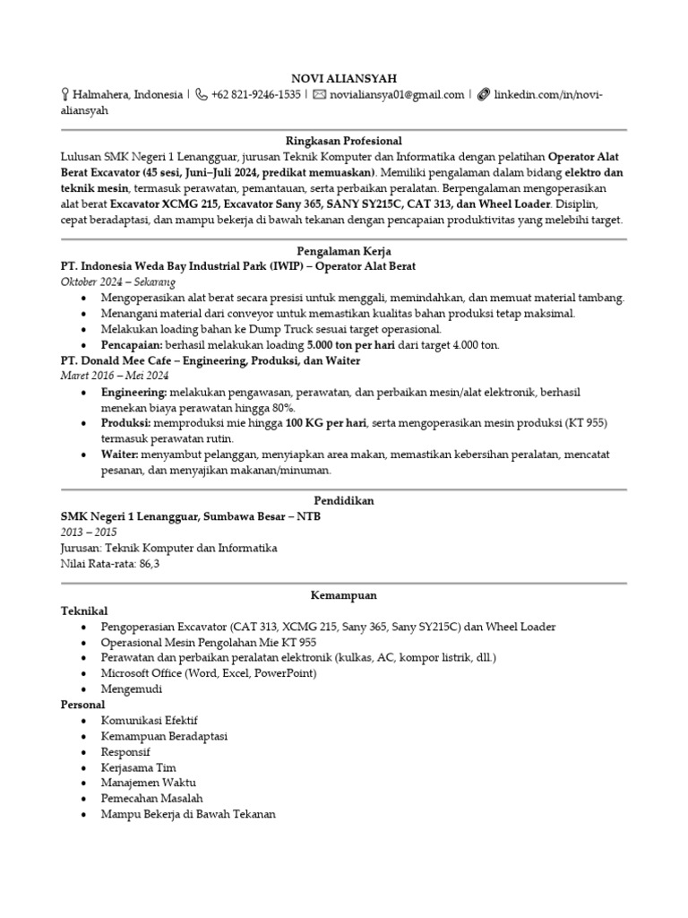 CV Novi Aliansyah - Operation Excavator - UPDT | PDF