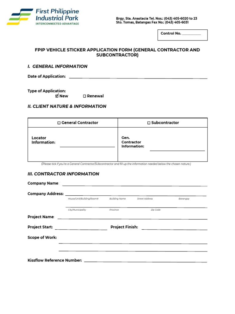 Fpip Vehicle Sticker Application Form (Contractor and Subcontractor ...
