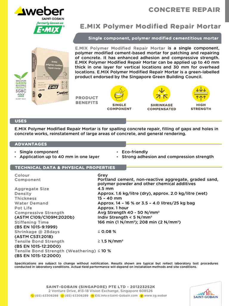 E.MIX Polymer Modified Repair Mortar | PDF | Concrete | Mortar (Masonry)