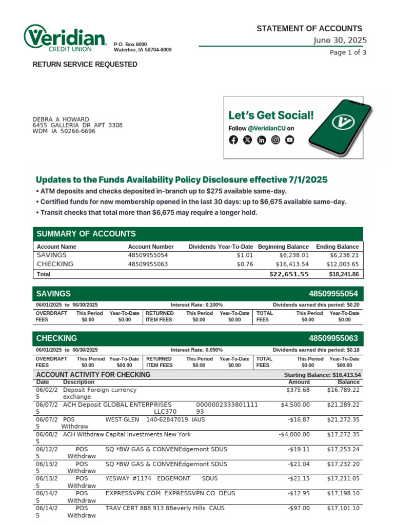 Veridian Credit Union Account Statement | PDF | Overdraft | Credit Card