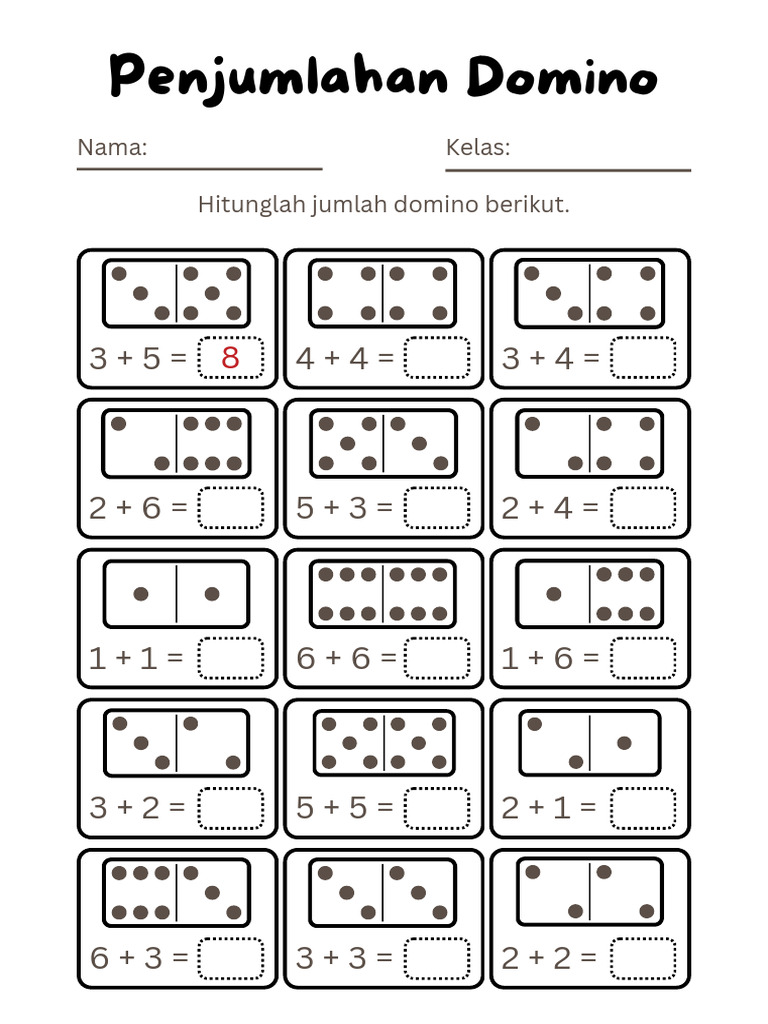 Coklat Sederhana Penjumlahan Domino Lembar Kerja Matematika | PDF