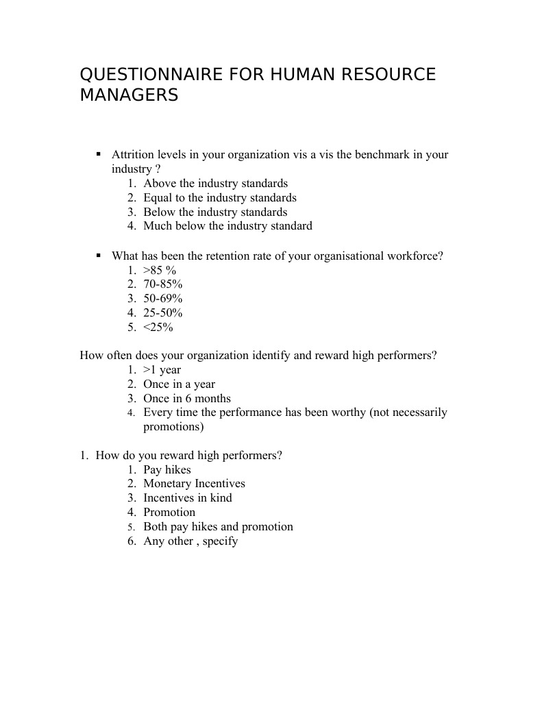 Questionnaire For Human Resource Managers-Thesis | PDF | Employee ...