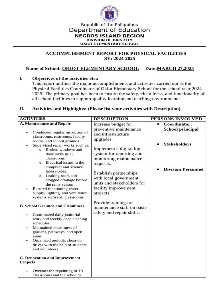 Accomplishment Report For Physical Facilities | PDF