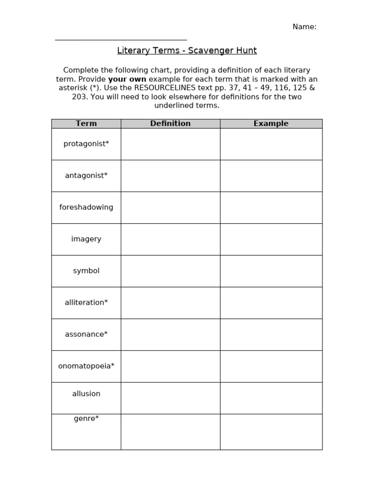 Literary Terms Scavenger Hunt | PDF