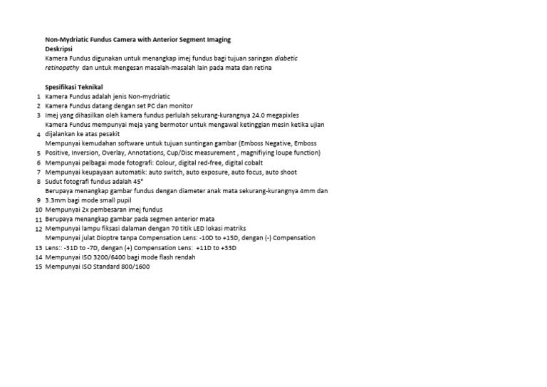 Fundus Camera Specification BM Optometrist | PDF
