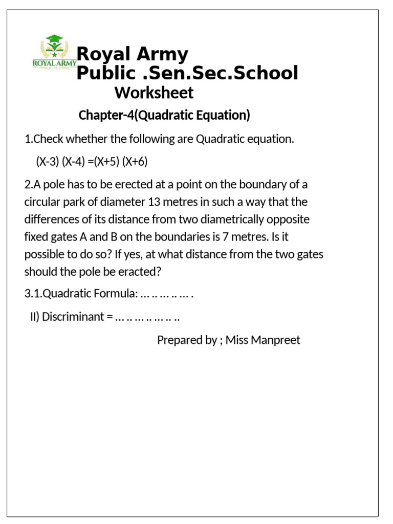 Class-10th (Maths) Worksheet No - 2 | PDF