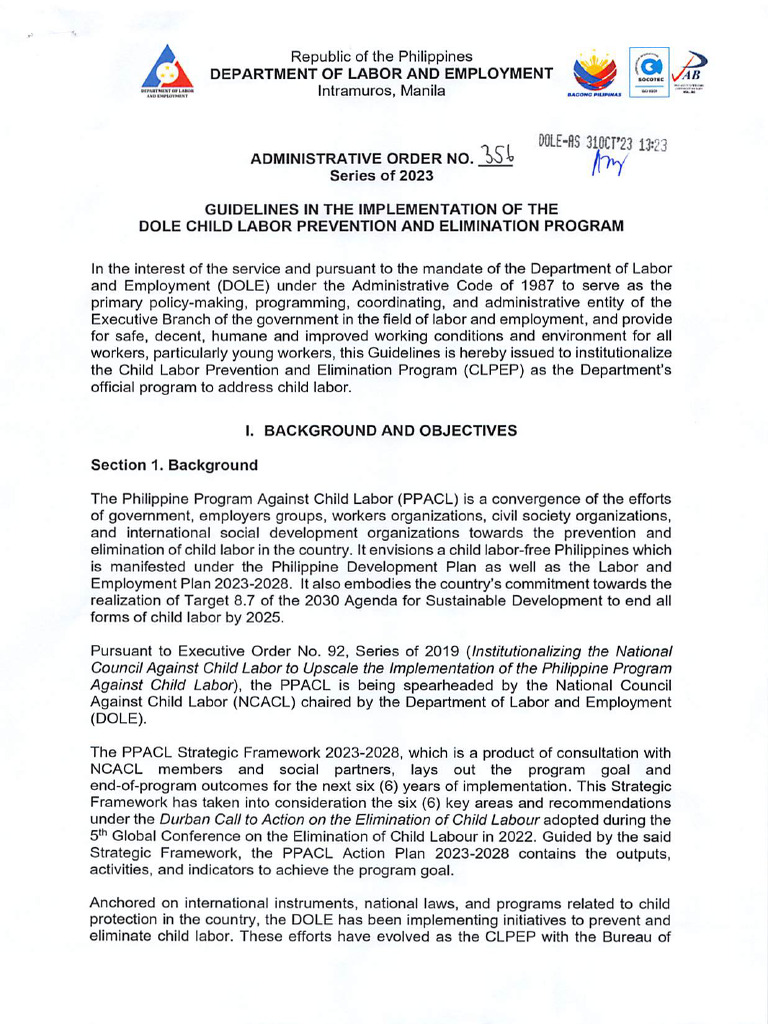 DOLE Administrative Order No. 356 Series of 2023 | PDF