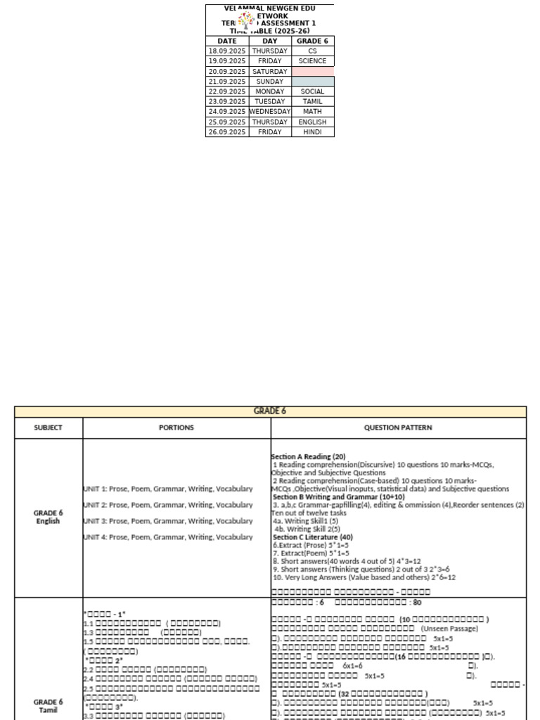 GR 6 Term 1 Timetable & Portions 2025-26-1 | PDF