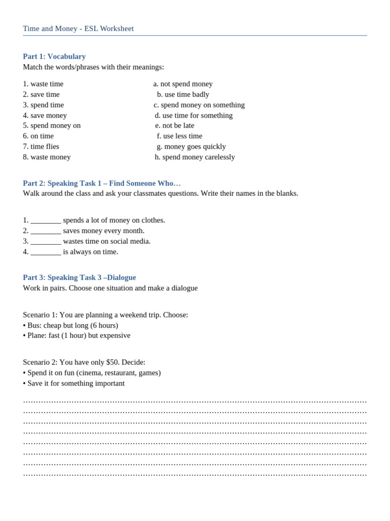Time and Money Worksheet | PDF