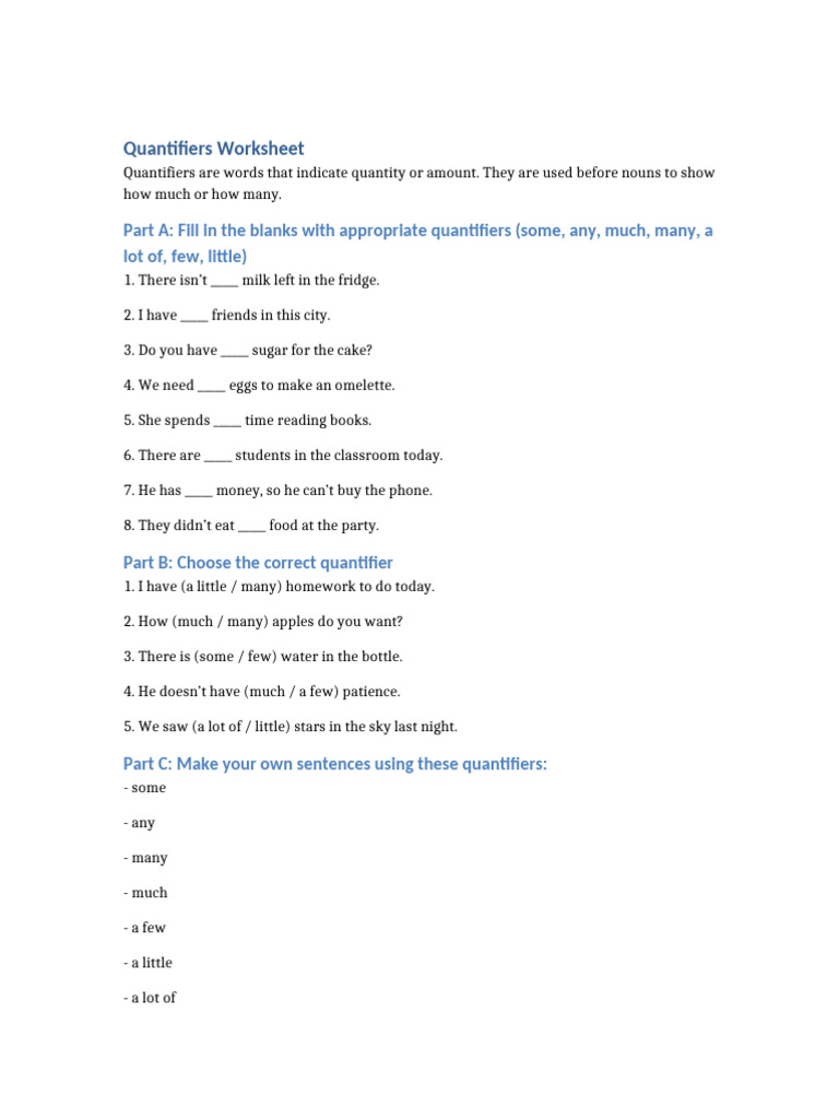 Quantifiers Worksheet | PDF