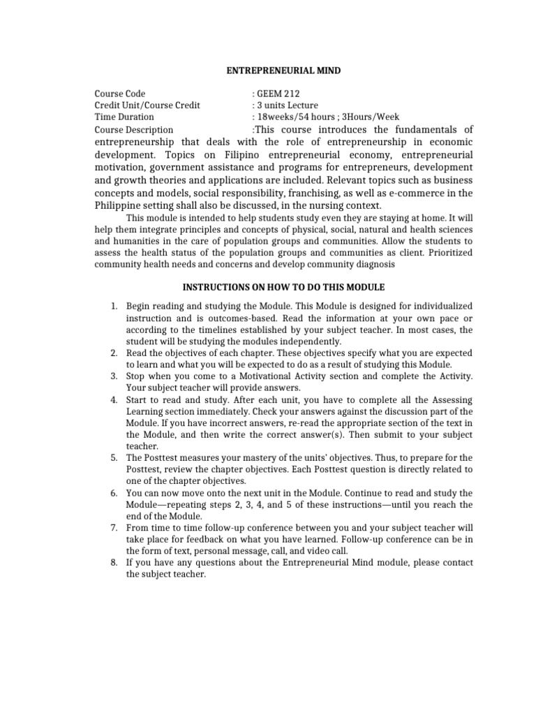 Entrep Mind Module | PDF | Entrepreneurship | Business
