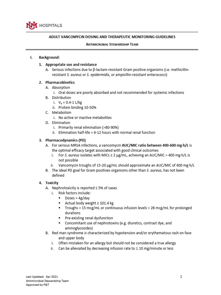 Vancomycin Dosing & Monitoring Guidelines | PDF | Pharmacology | Drugs