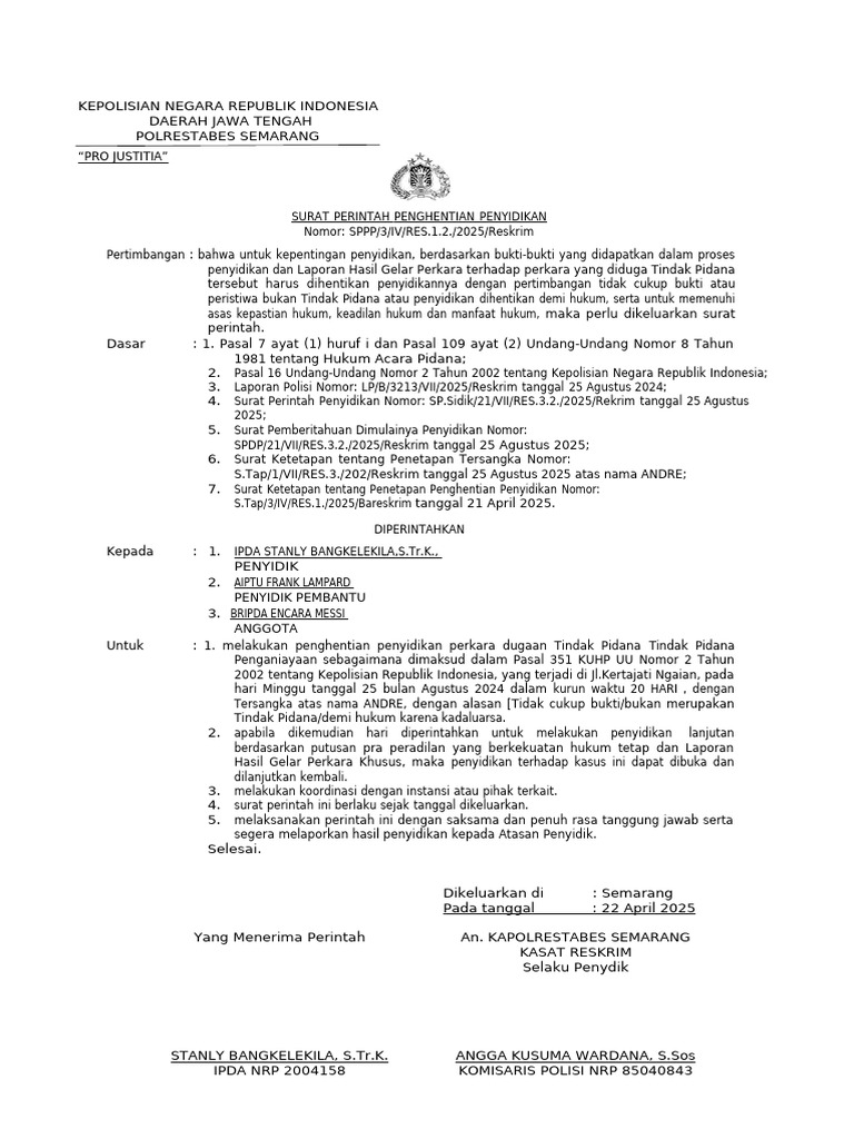 Penghentian Penyidikan Kasus Andre | PDF
