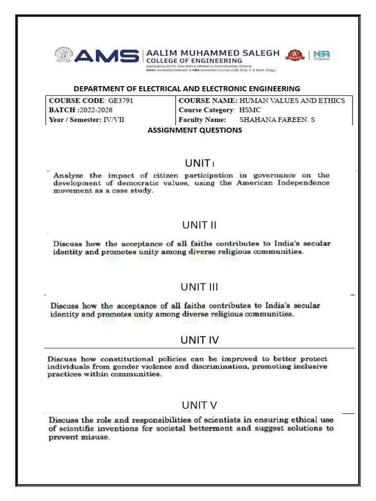 GE3791 Human Values Assignment Questions | PDF