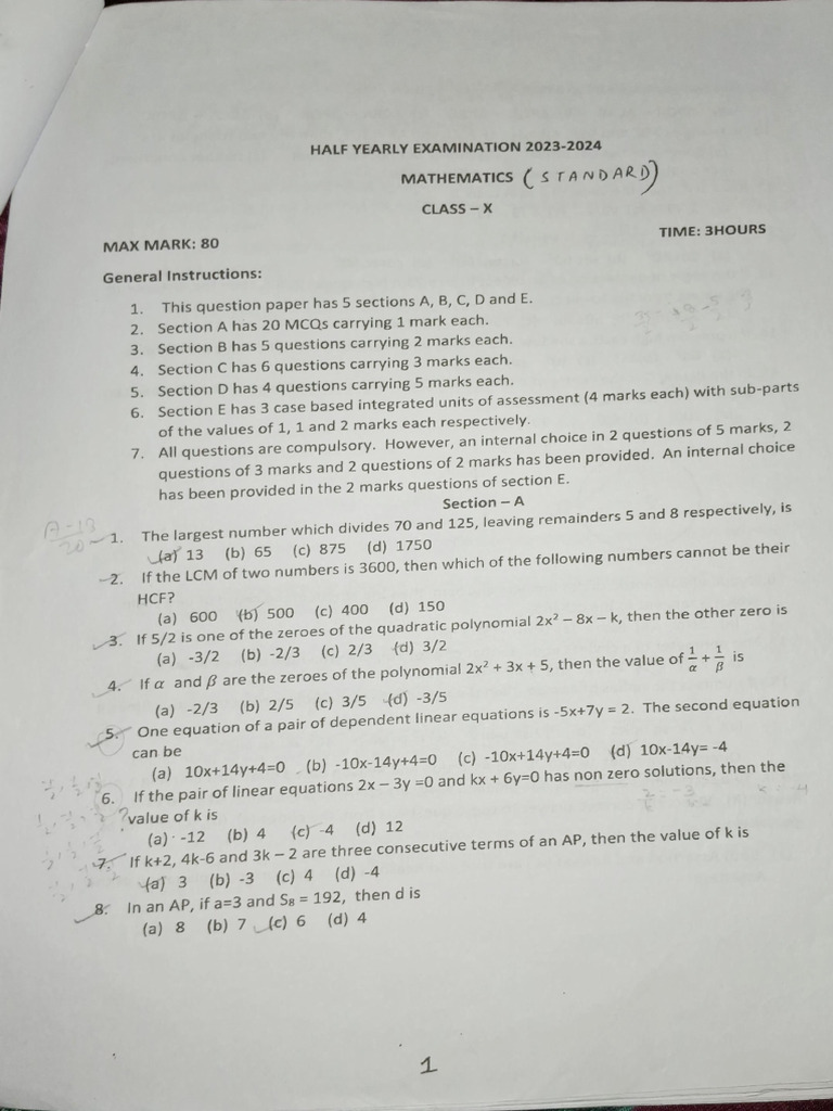 Half Yearly 2023-24 Maths | PDF | Circle | Elementary Geometry