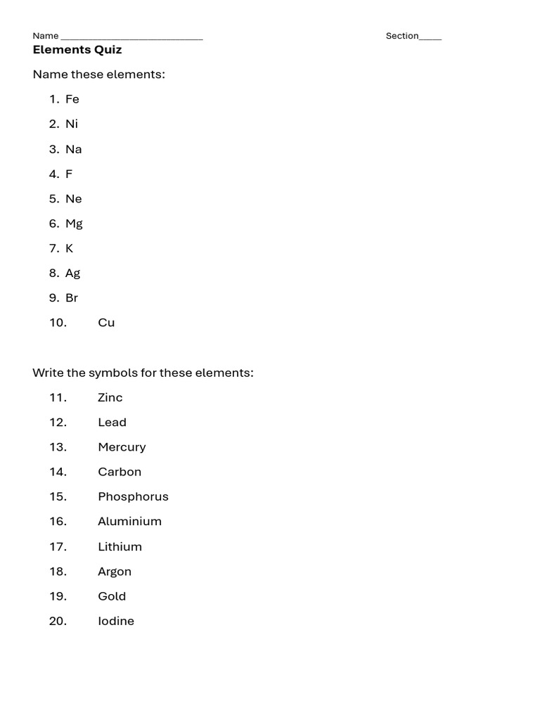Elements Quiz | PDF