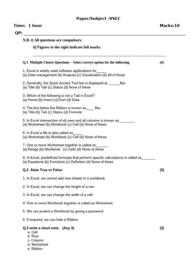 Excel Basics: MCQs and True/False Quiz | PDF