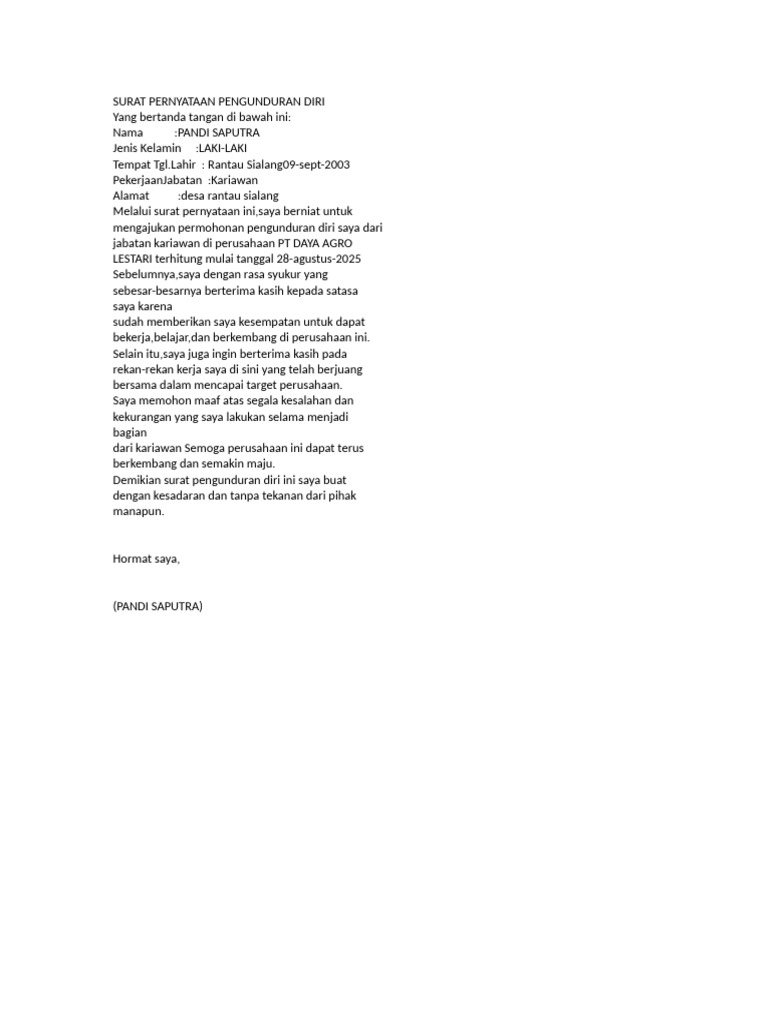 Surat Pengunduran Diri Pandi Saputra | PDF