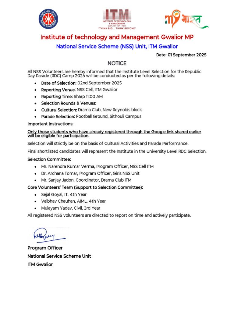 Notice of NSS RD Selection at Institute Level ITM | PDF
