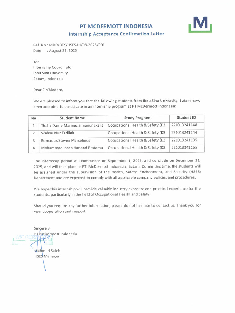 Internship Acceptance Confirmation Letter | PDF