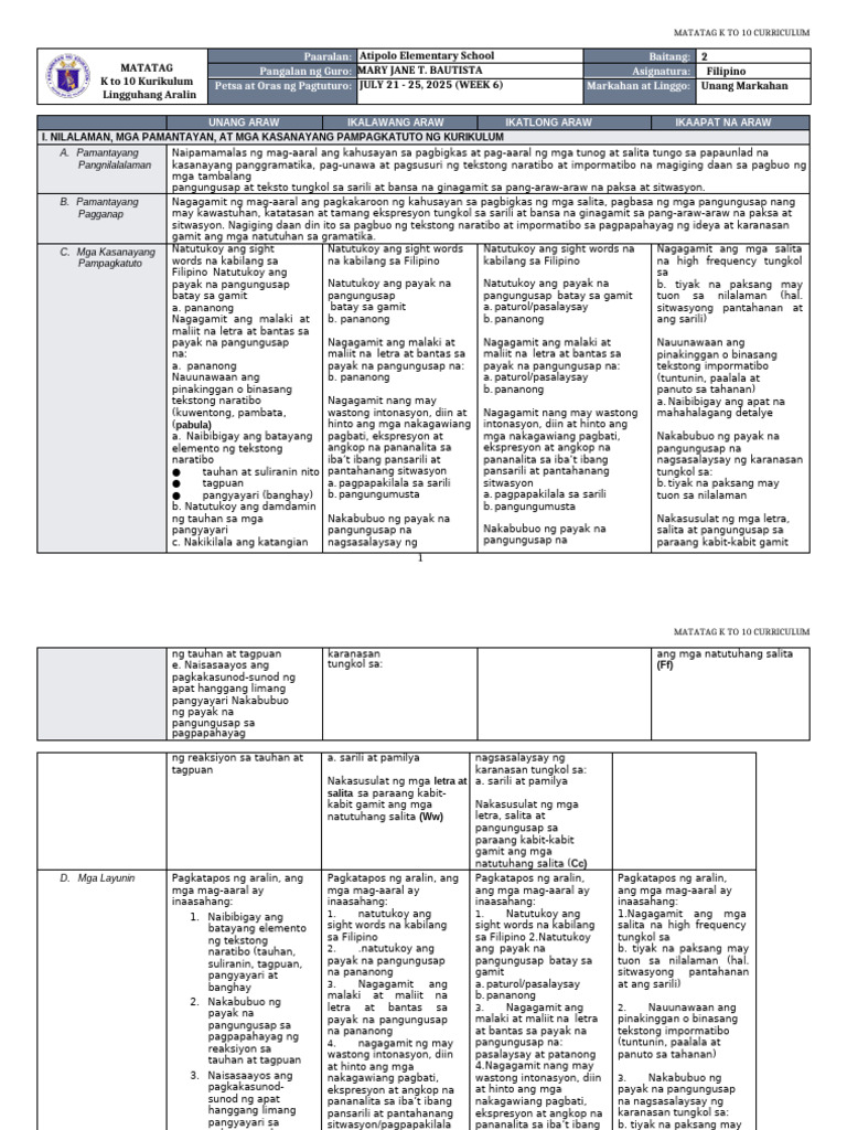 DLL Matatag - Filipino 2 - Q1 - W6 | PDF