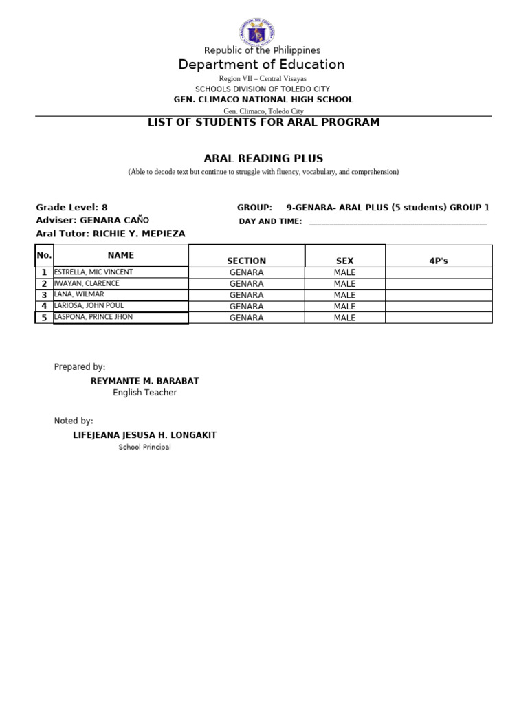 Grade 8 ARAL Reading Plus Student List | PDF | Learning To Read | Writing