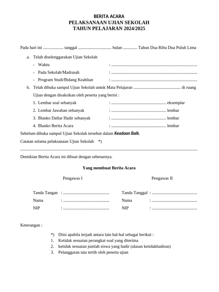 Berita Acara Ujian Sekolah 36 | PDF