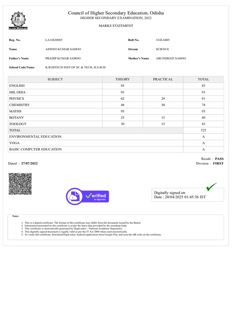 12th Mark Sheet | PDF