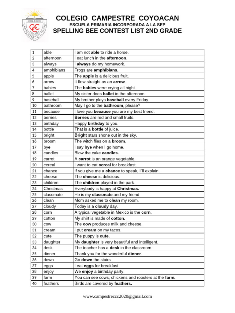 2nd GRADE Spelling Bee Interschools Contest List Reducida | PDF