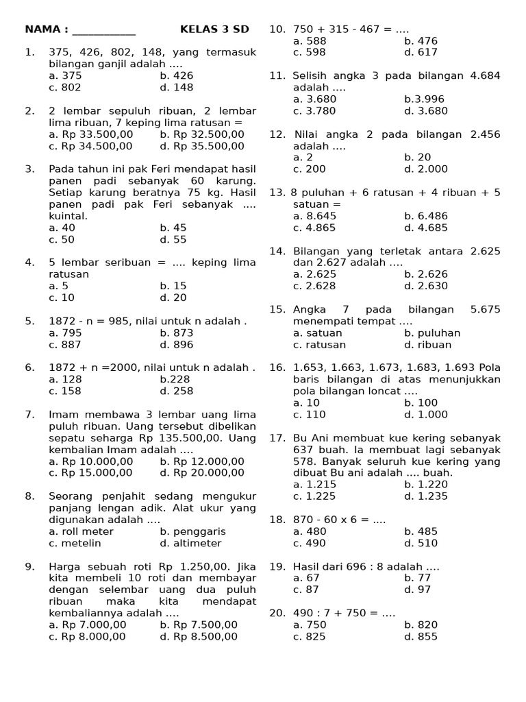 Pts Math Kelas 3 SMT 1 No 002 | PDF
