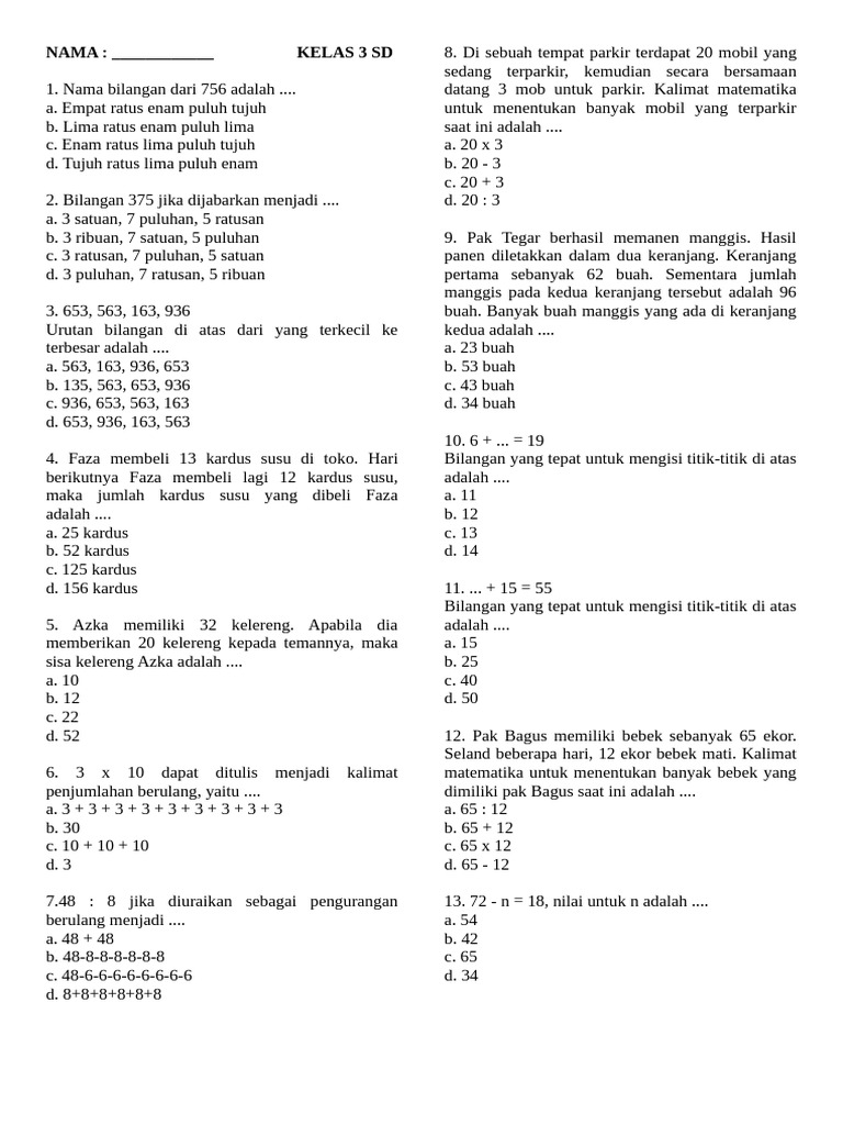 Pts Math Kelas 3 SMT 1 No 003 | PDF