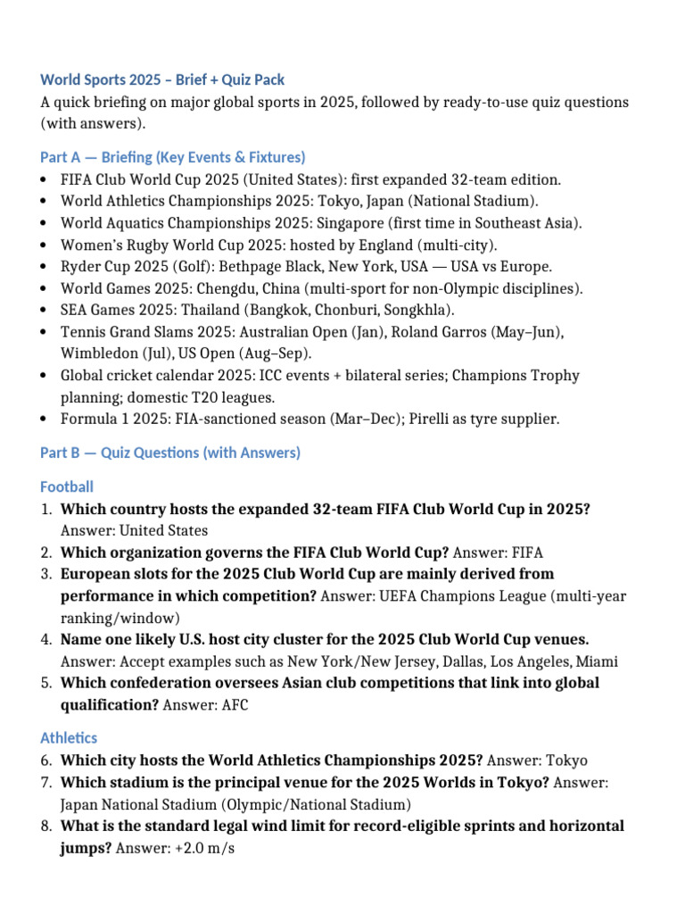 Sports Quiz and Briefing 2025 | PDF | Swimming (Sport) | Sports