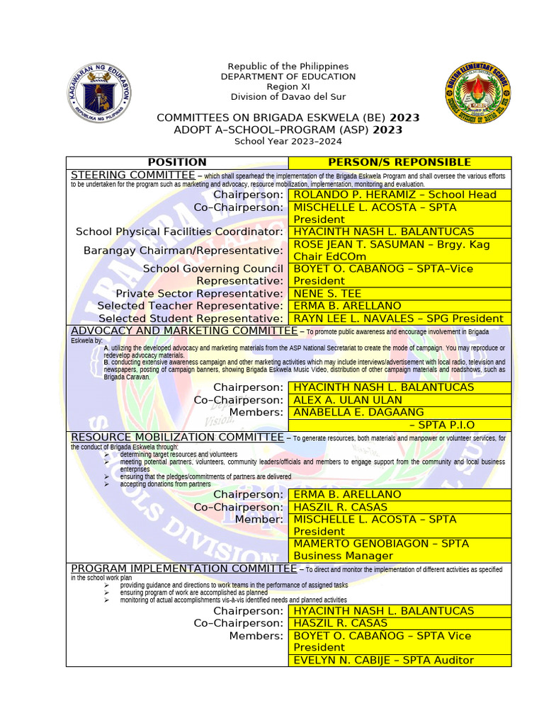 Brigada Eskwela 2023 Committee Structure | PDF