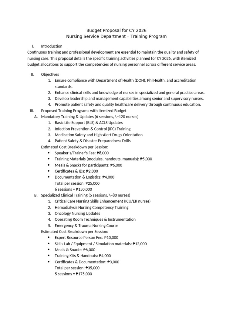 Training Budget Proposal For CY 2026 | PDF | Nursing | Professional ...