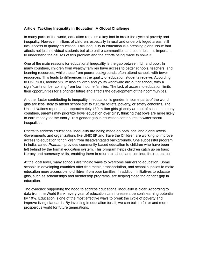 Article - Tackling Inequality in Education - A Global Challenge | PDF ...