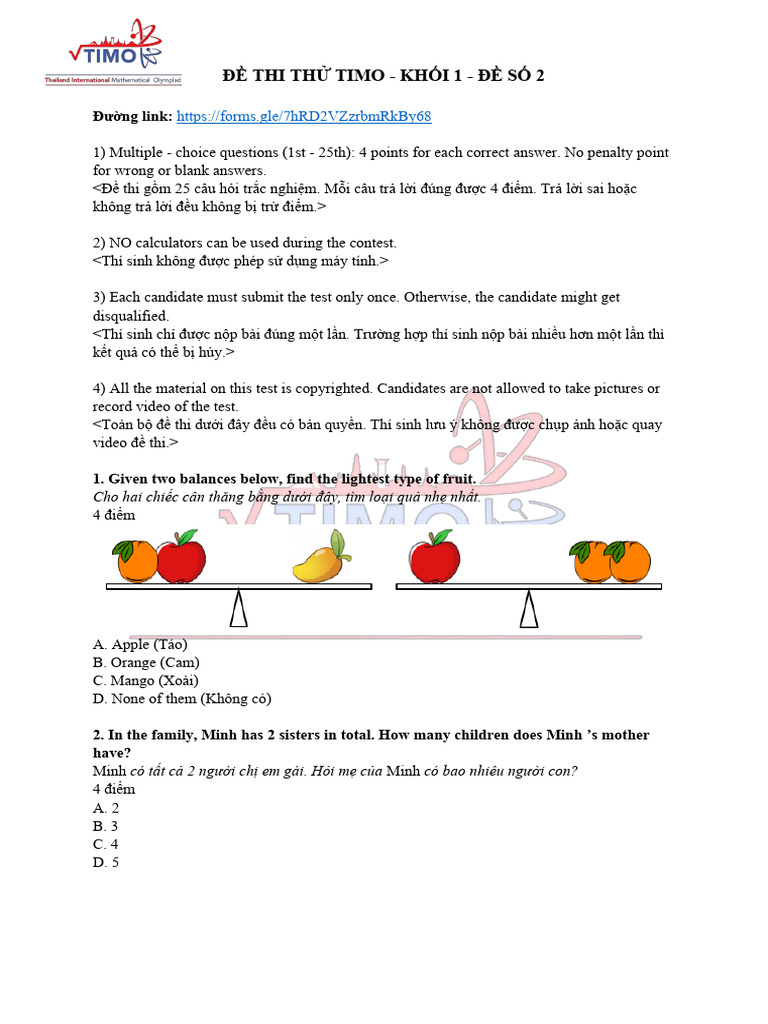 Đề Thi Thử Timo 1 - Đề 2 | PDF