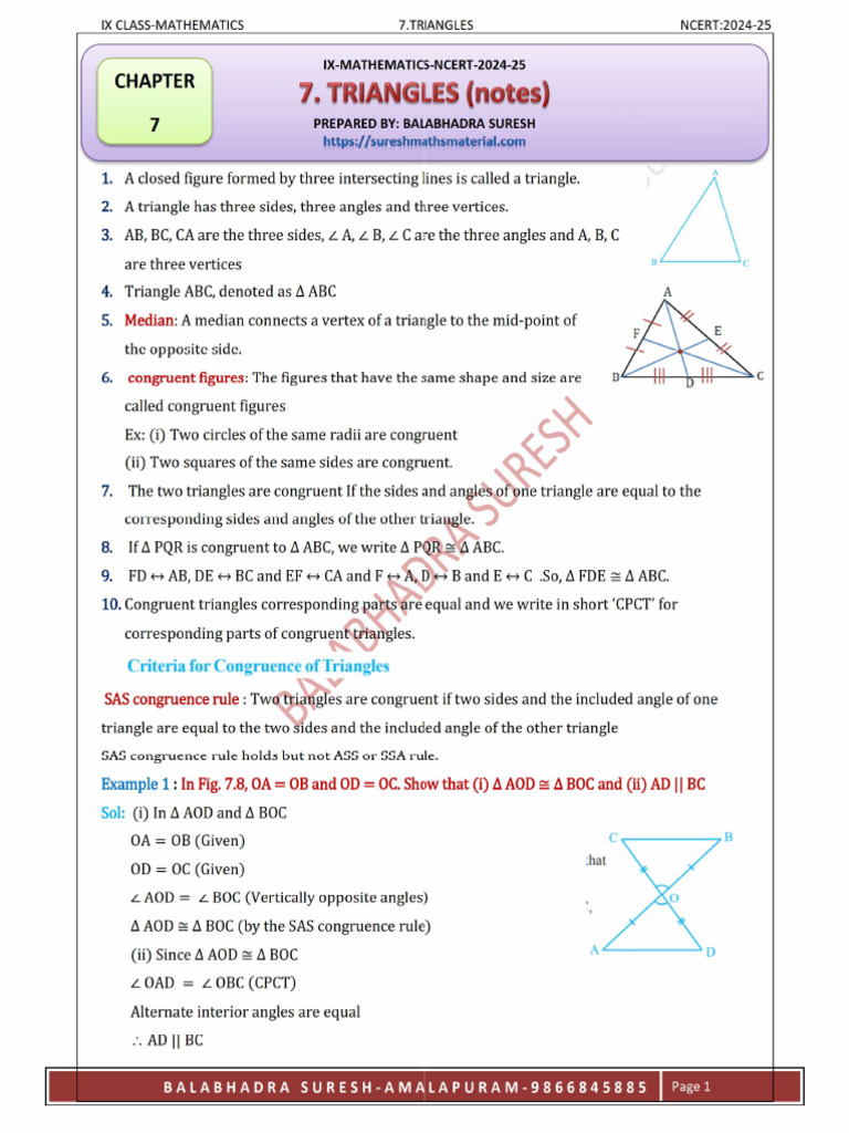 IX NCERT2024 25 Mathematics 7.TRIANGLES Notes Wbimg | PDF