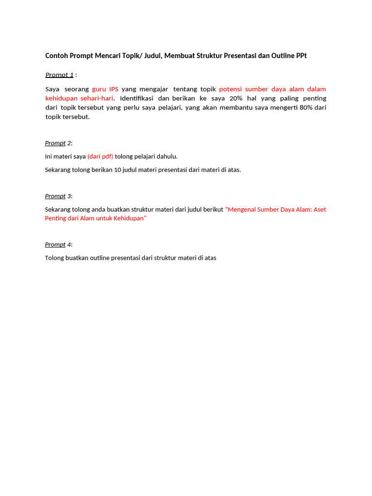 b. Contoh Prompt Mencari Judul, Membuat Struktur Materi Dan Outline PPt | PDF