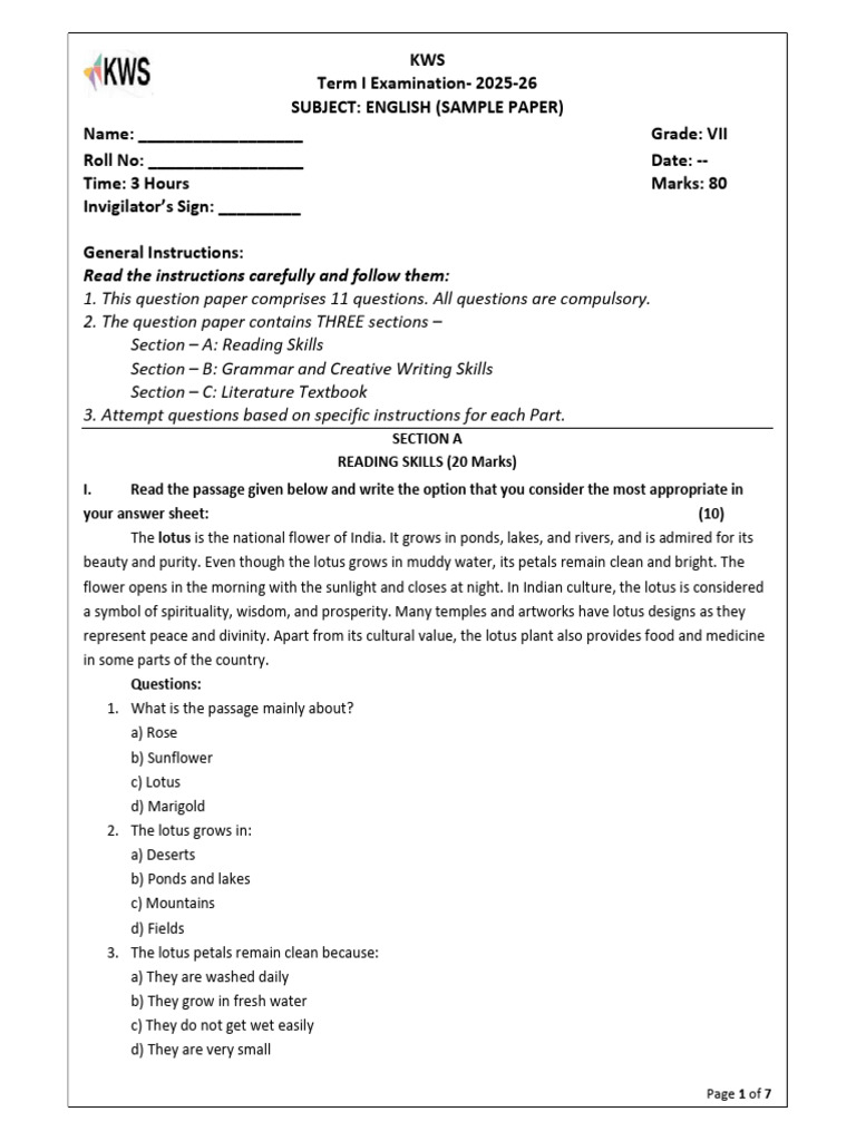 Grade VII English Sample Exam Paper | PDF | Rain | Water