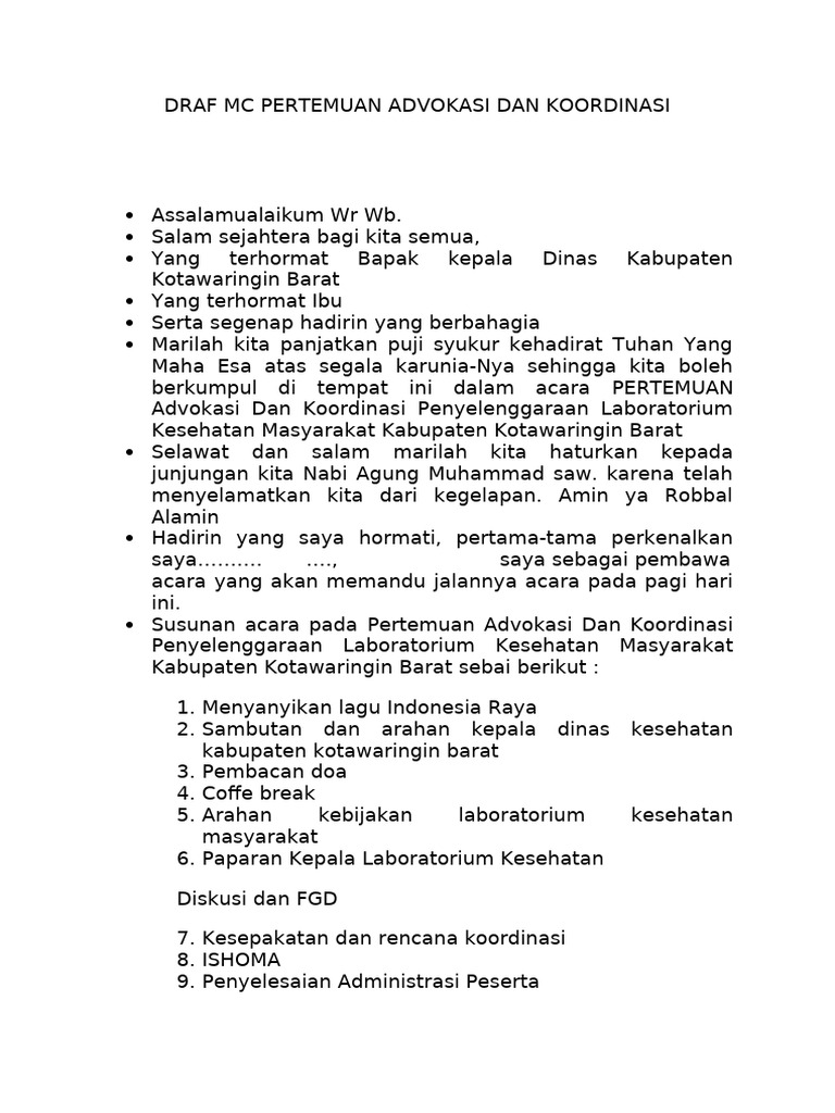 Draf MC Pertemuan Advokasi Dan Koordinasi Penyelenggaraan Laboratorium ...