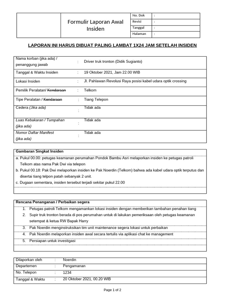 b. Contoh Laporan Awal Insiden | PDF