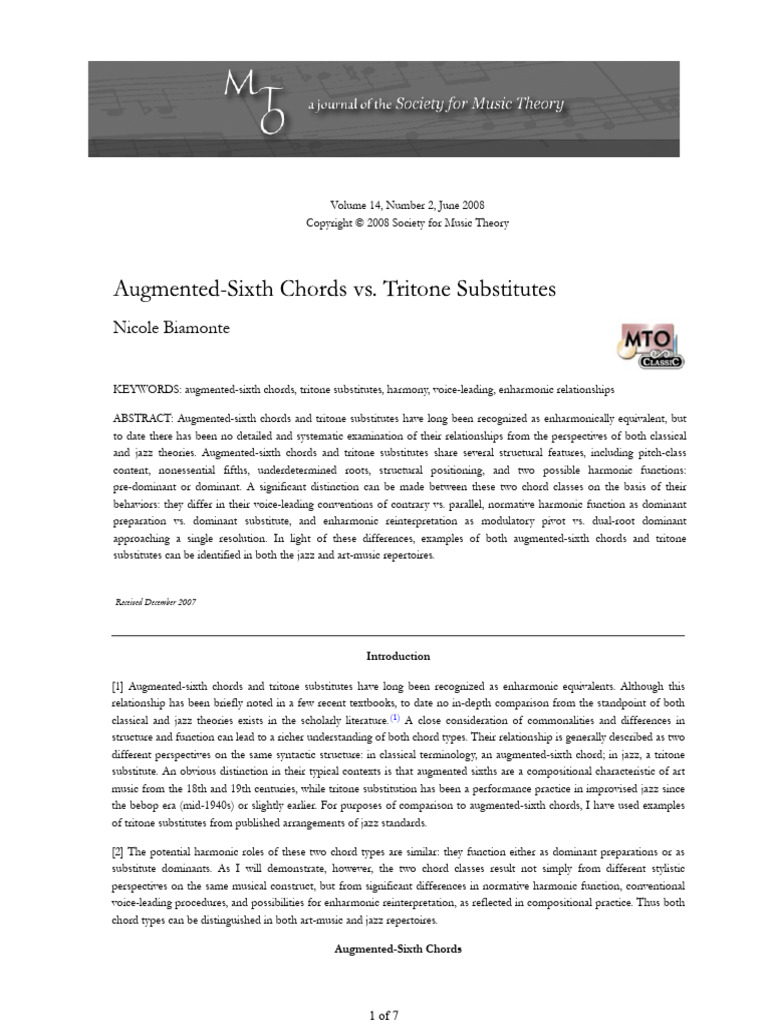 Augmented Sixth Chords Vs Tritone Substitutions - Biamonte | PDF ...