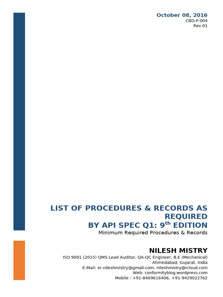 1list of Procedures Records As Required by API Q1 9th Edition Rev 01 ...